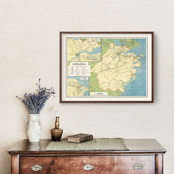 Vintage Zhejiang Province, China Map 1933 - Home and Tower